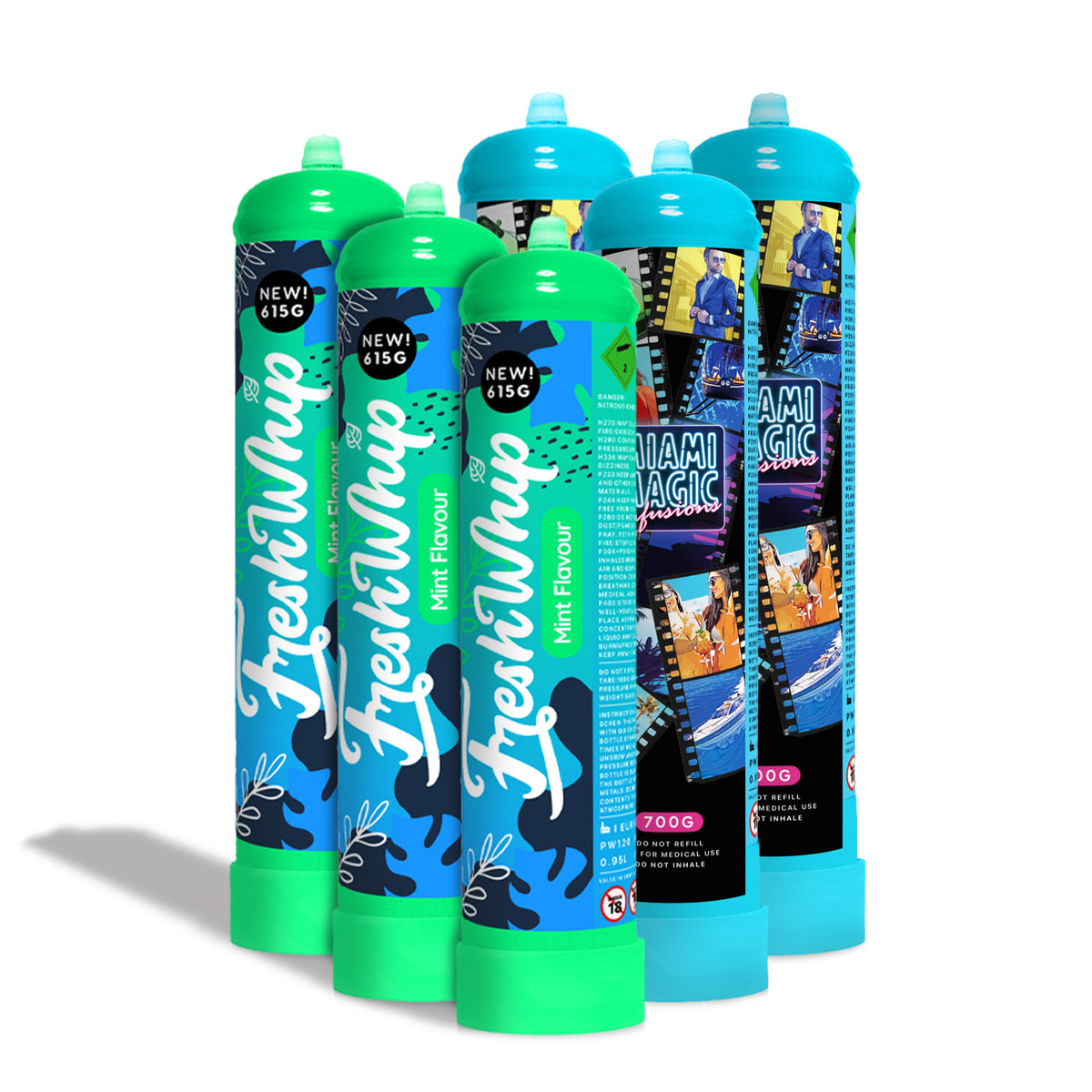 3 Miami Magic 700g N2O Bottles + 3 FreshWhip 615g Mint N2O Bottles (Li ...