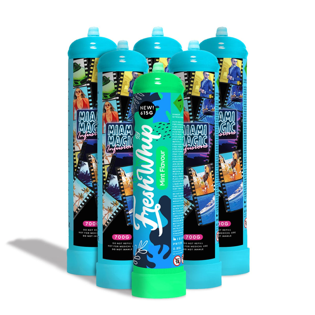 SPECIAL OFFER 5 Miami Magic 700g N2O Canisters + 1 FreshWhip 615g Mint ...